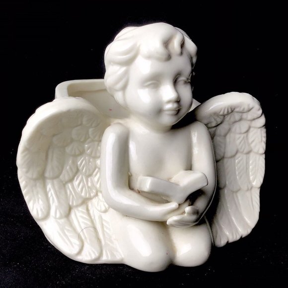 Art | Vintage Angel Planter Kneeling Reading Bible White Ceramic Cherub ...